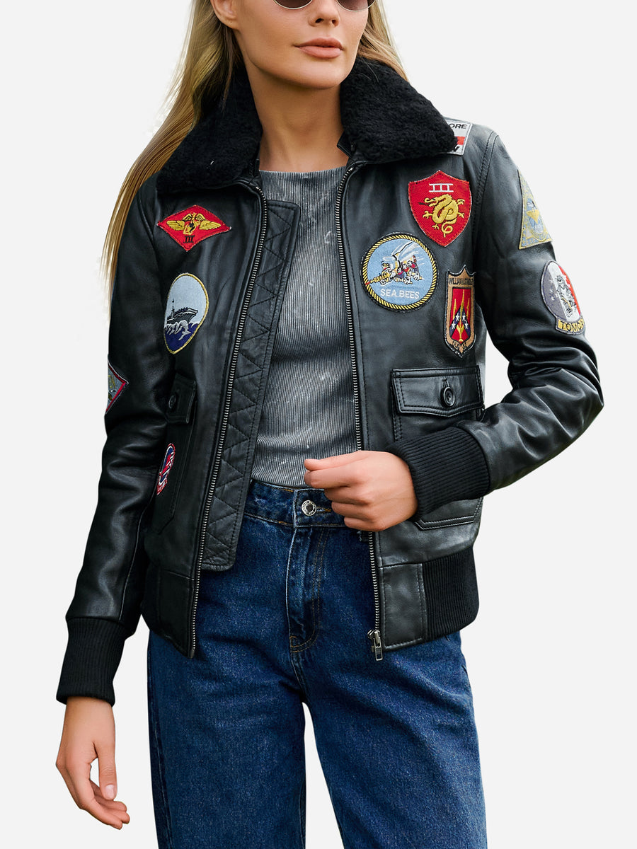 Candace Black Leather Aviator Jacket