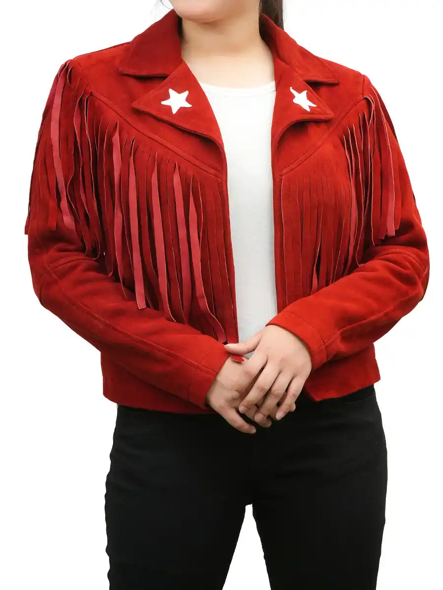 Shop the Enchanted Red Suede Fringe Jacket Today!