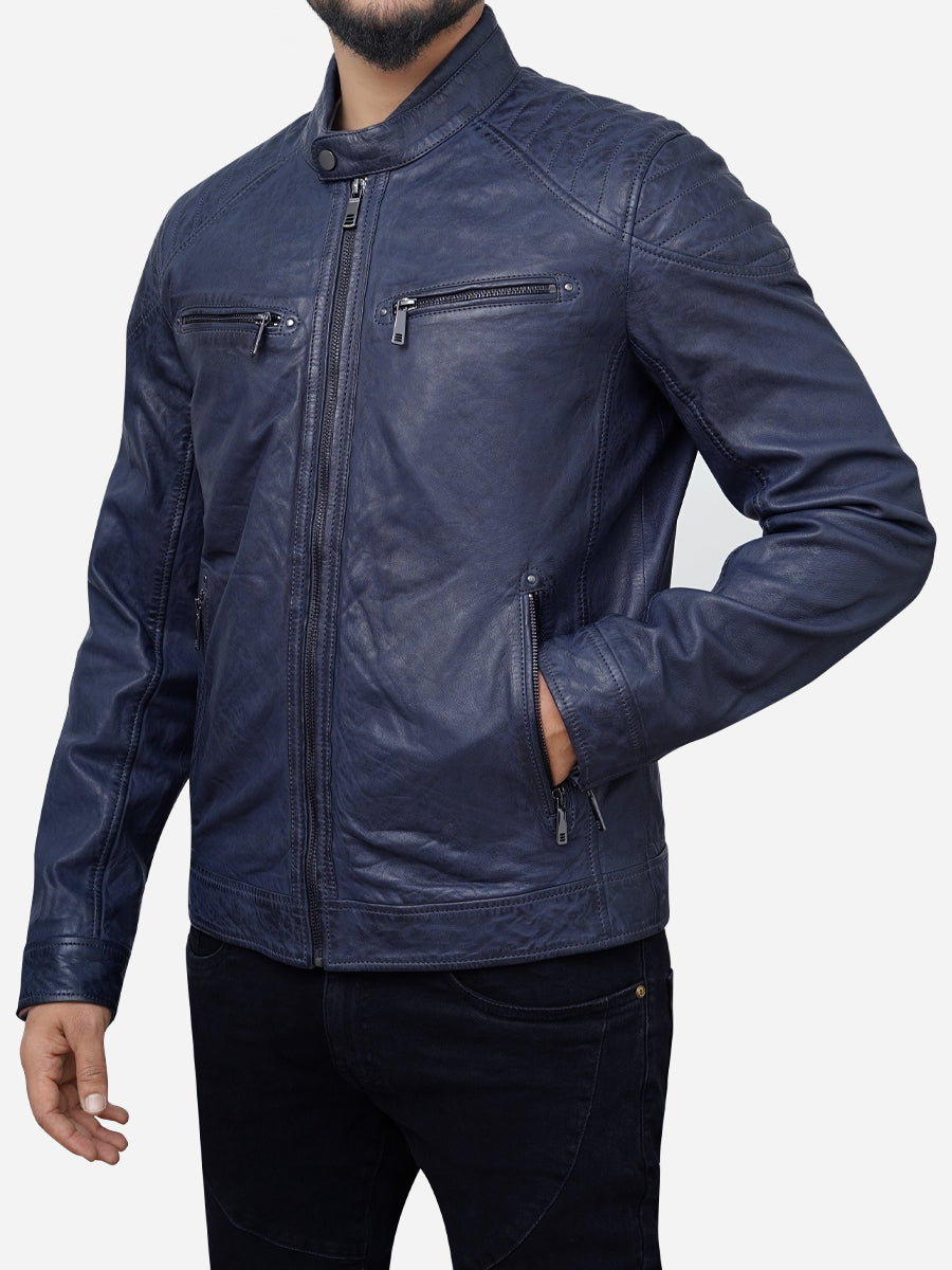 Jasiel Blue Leather Motorcycle Jacket