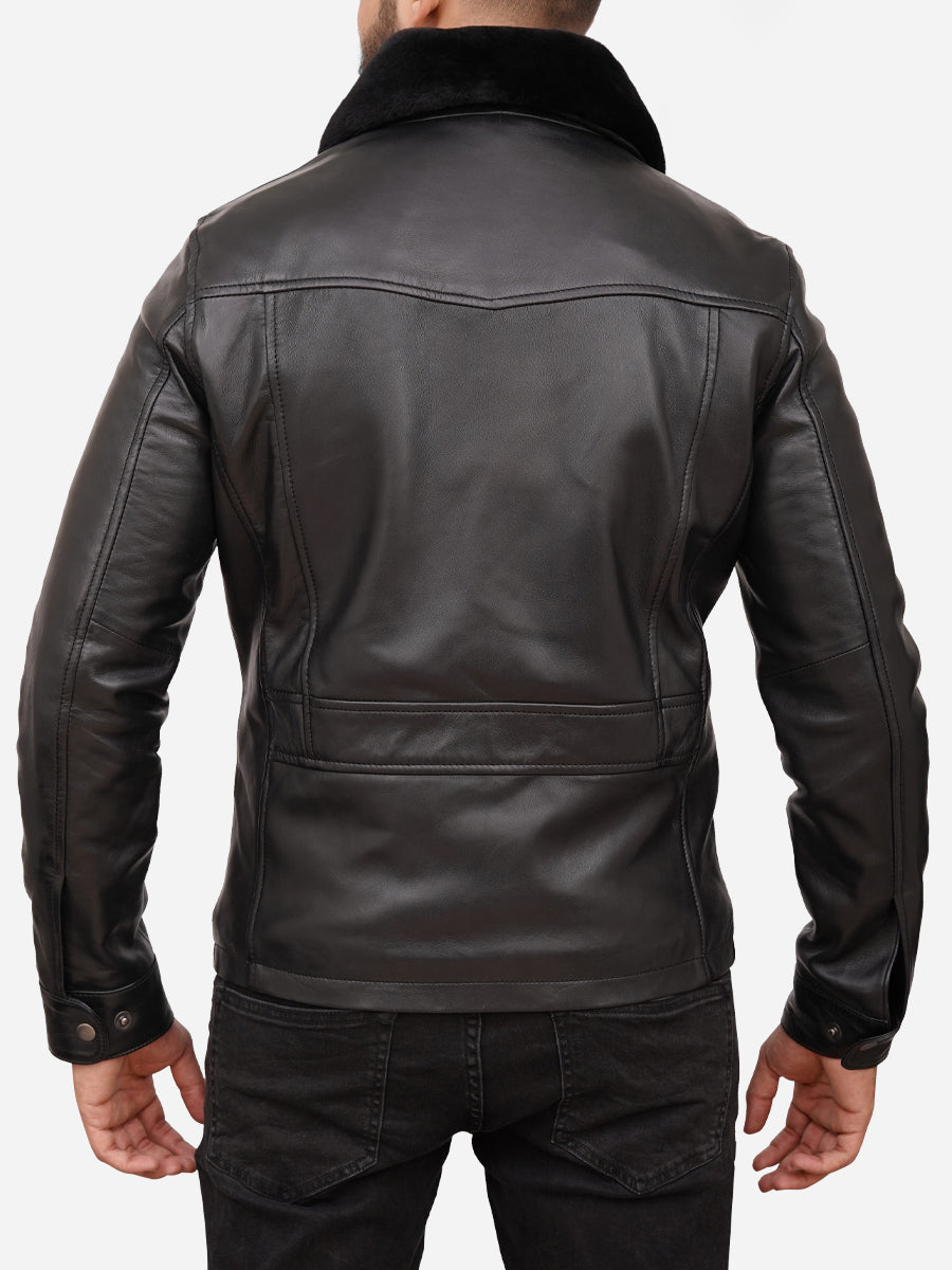 George Flap Pockets Black Leather Jacket With Sherpa Collar