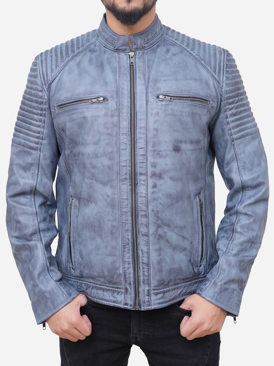 Edison Distressed Grey Leather Motorcycle Jacket