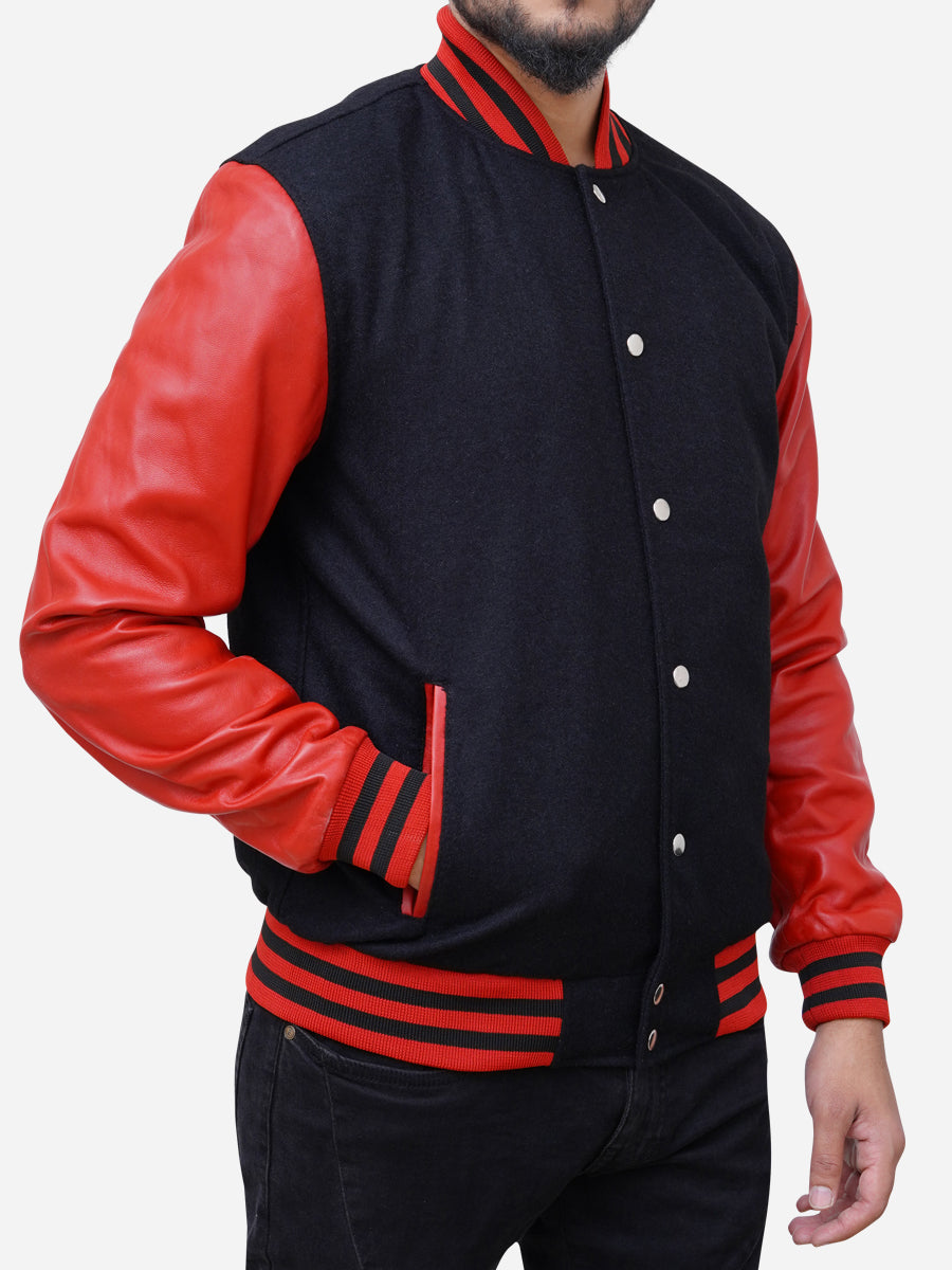 Men's Wool Blended Black and Red Leather Varsity Jacket