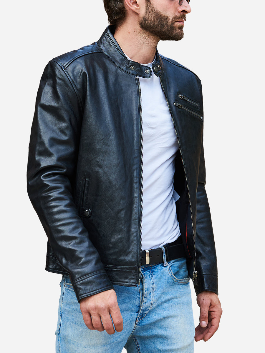 Jasiel Sheepskin Black Leather Racer Jacket