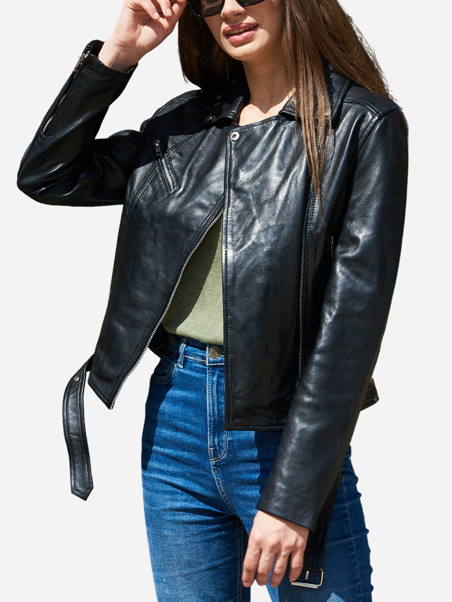 Amelia Slim Fit Black Sheepskin Leather Jacket