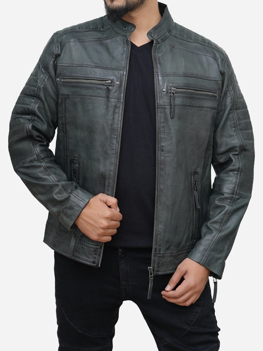 Men's Grey Lambskin Leather Motorcycle Jacket