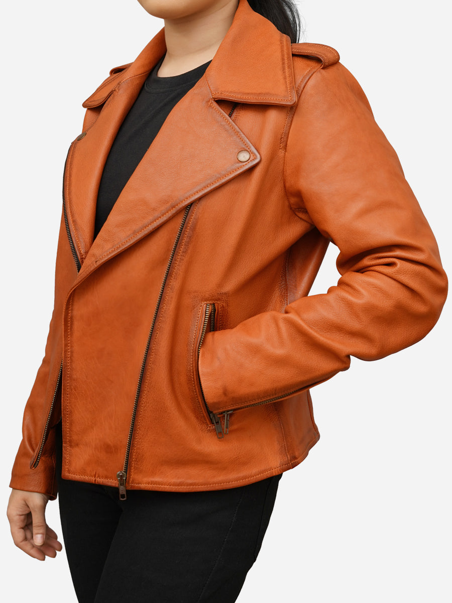 Women's Classic Tan Brown Leather Biker Jacket