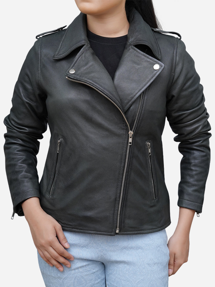 Women's Dynamic Grey Leather Biker Jacket