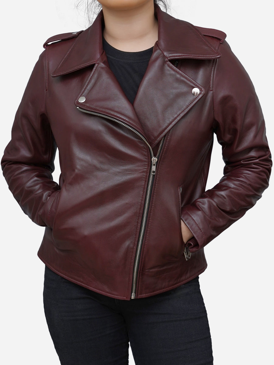 Women's Burgundy Leather Biker Jacket | Peter Sign