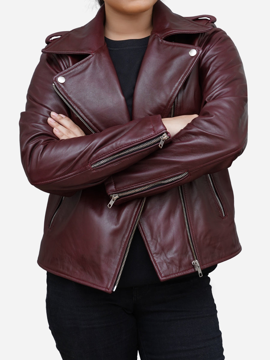 Women's Burgundy Leather Biker Jacket | Peter Sign