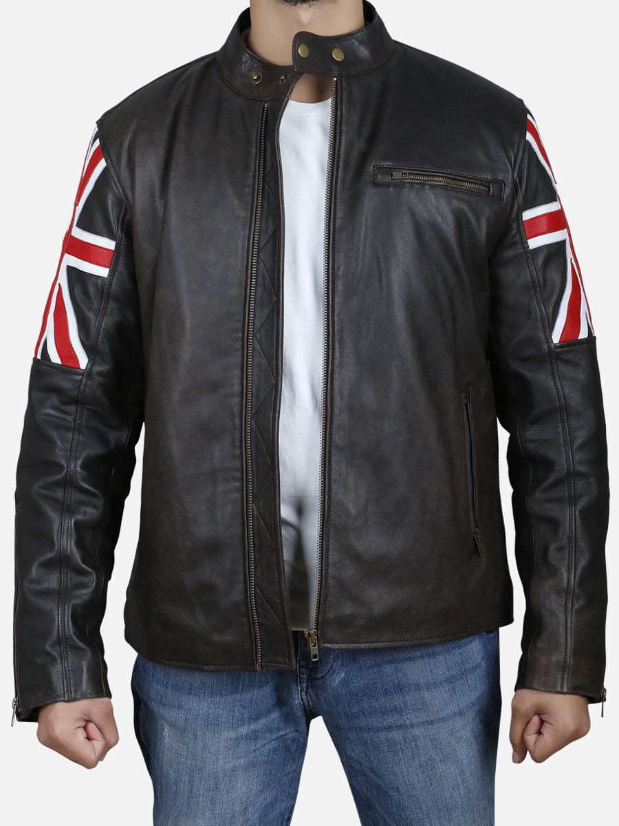 UK Flag Jacket - Alex Men's Brown Leather Jacket with UK Flag on Sleeves